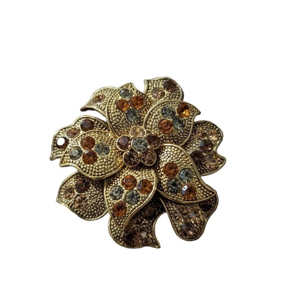 Liz Claiborne | Jewelry | Vintage Flower Brown Clear Rhinestone ...